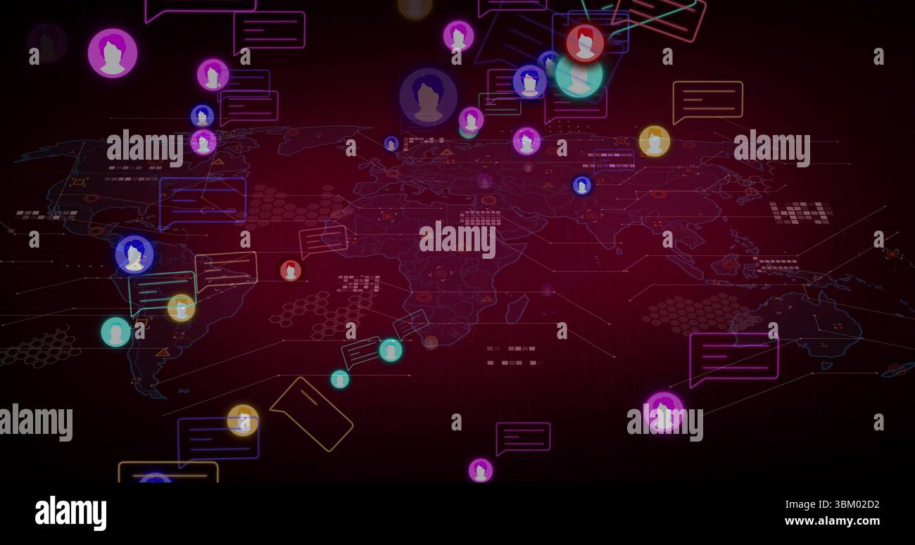 Global network overlay unfolding on digital interface, with colored ...