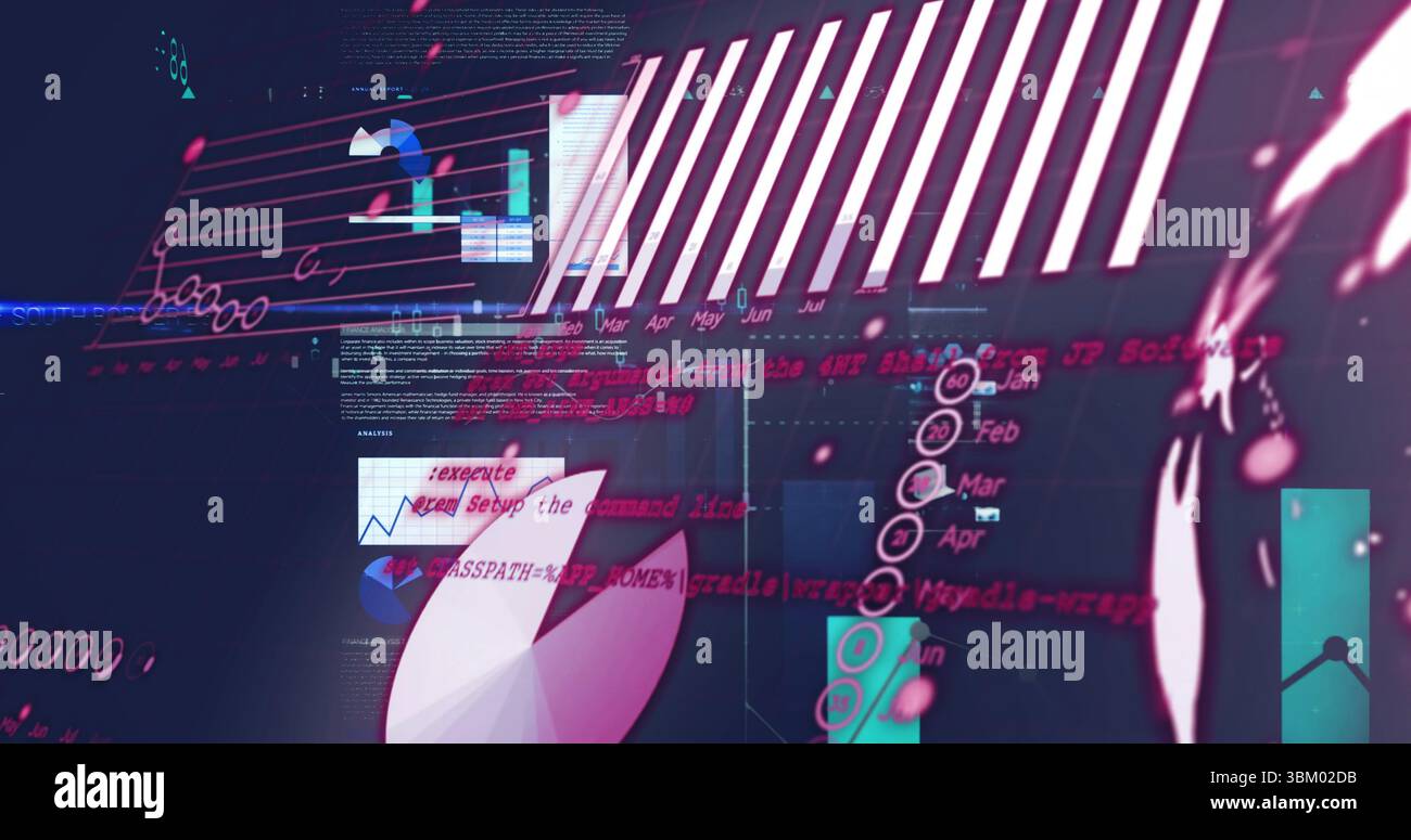 Displaying dashboard with neon-pink code overlays pie chart and node diagrams in analytics ...