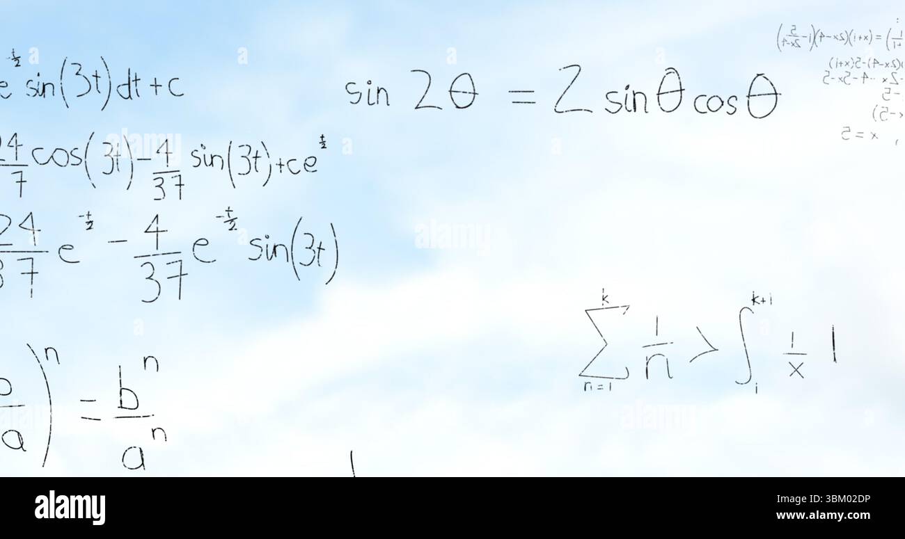 Floating handwritten formulas drifting in pale blue sky, with integrals ...