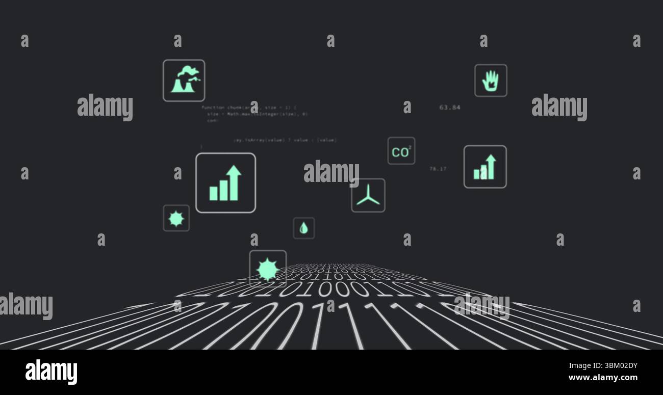 Displaying binary grid in virtual interface, with floating volcano icon ...