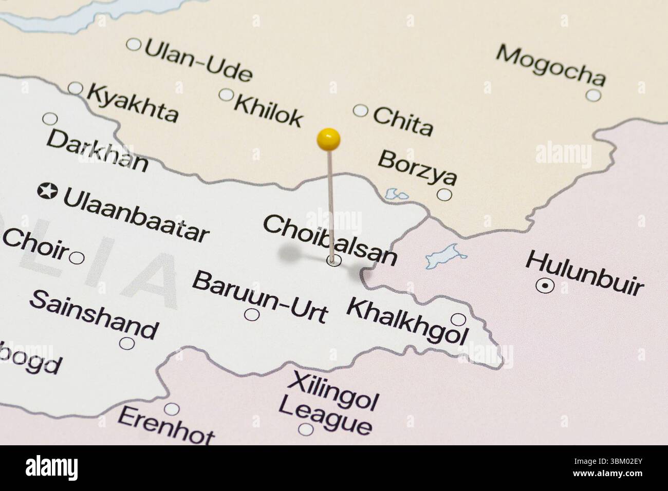 macro photo of a yellow pin needle into Choibalsan city of Mongolia ...