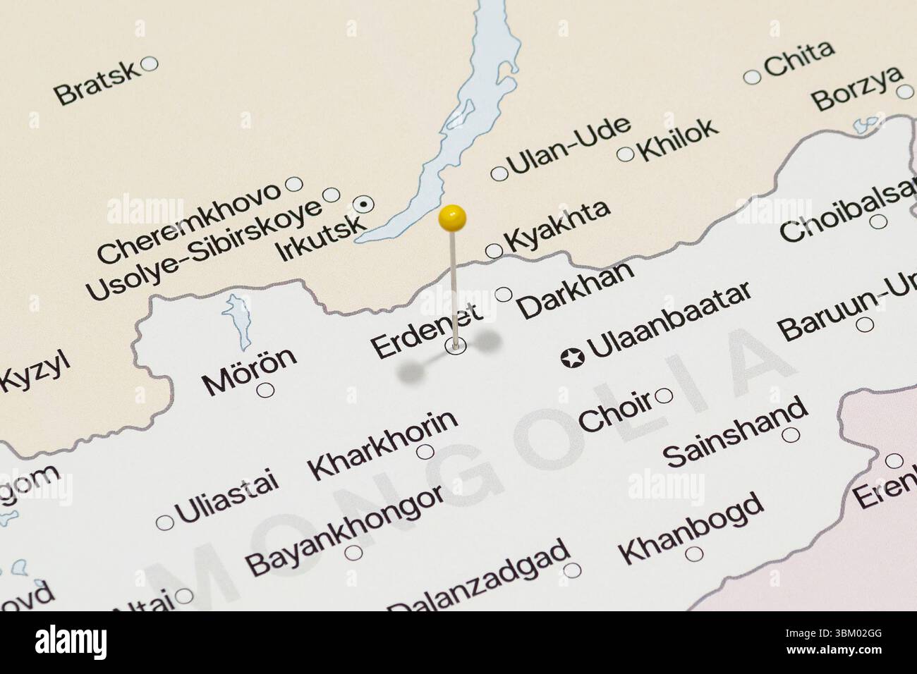 macro photo of a yellow pin needle into Erdenet city of Mongolia ...