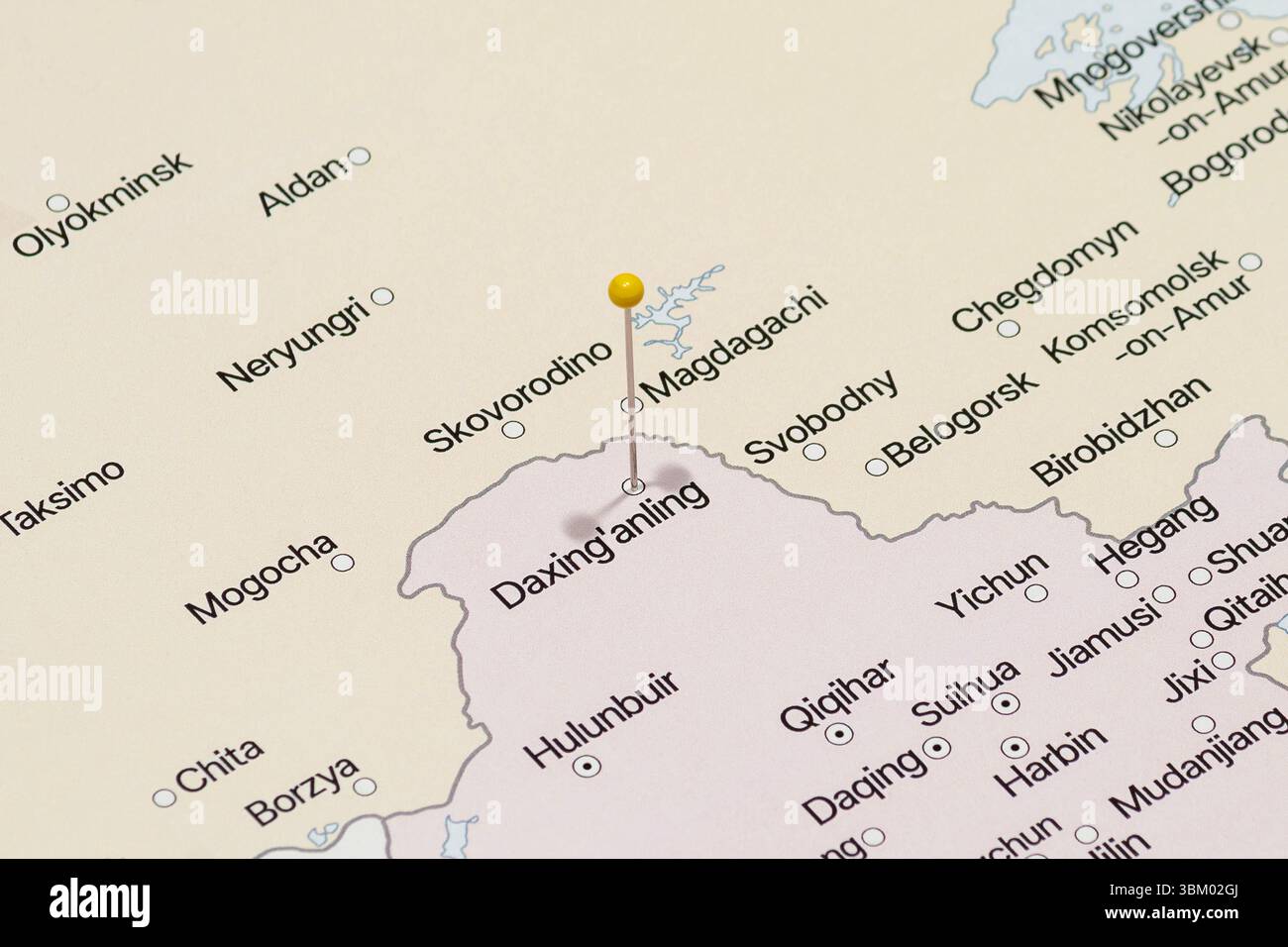 macro photo of a yellow pin needle into Daxing'anling city of China ...