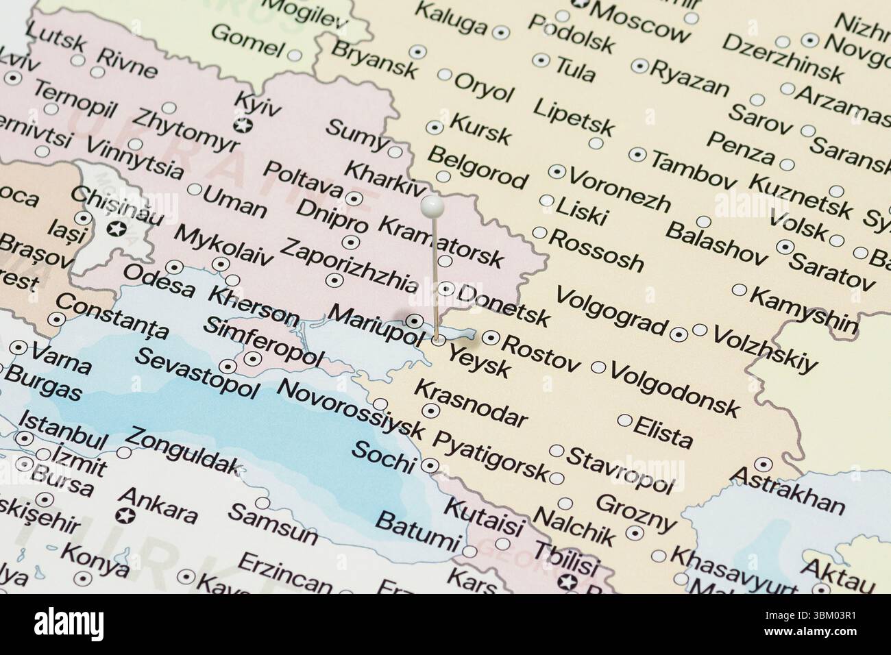 macro photo of a white pin needle into Yeysk city of Russia political ...