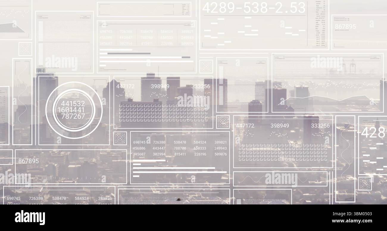 Displaying semi-transparent interface panels floating above urban skyline in haze, data overlays ...