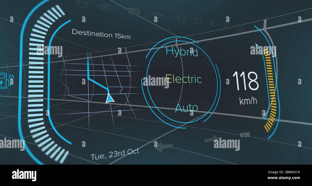 Displaying futuristic head-up display in cabin showing navigation route ...