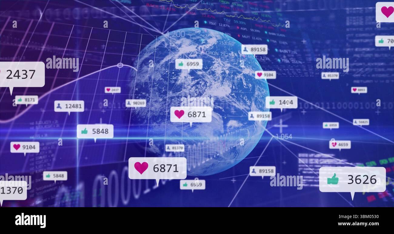 Rotating 3D Earth globe showcasing network dashboard, with binary code and social media pop-ups ...