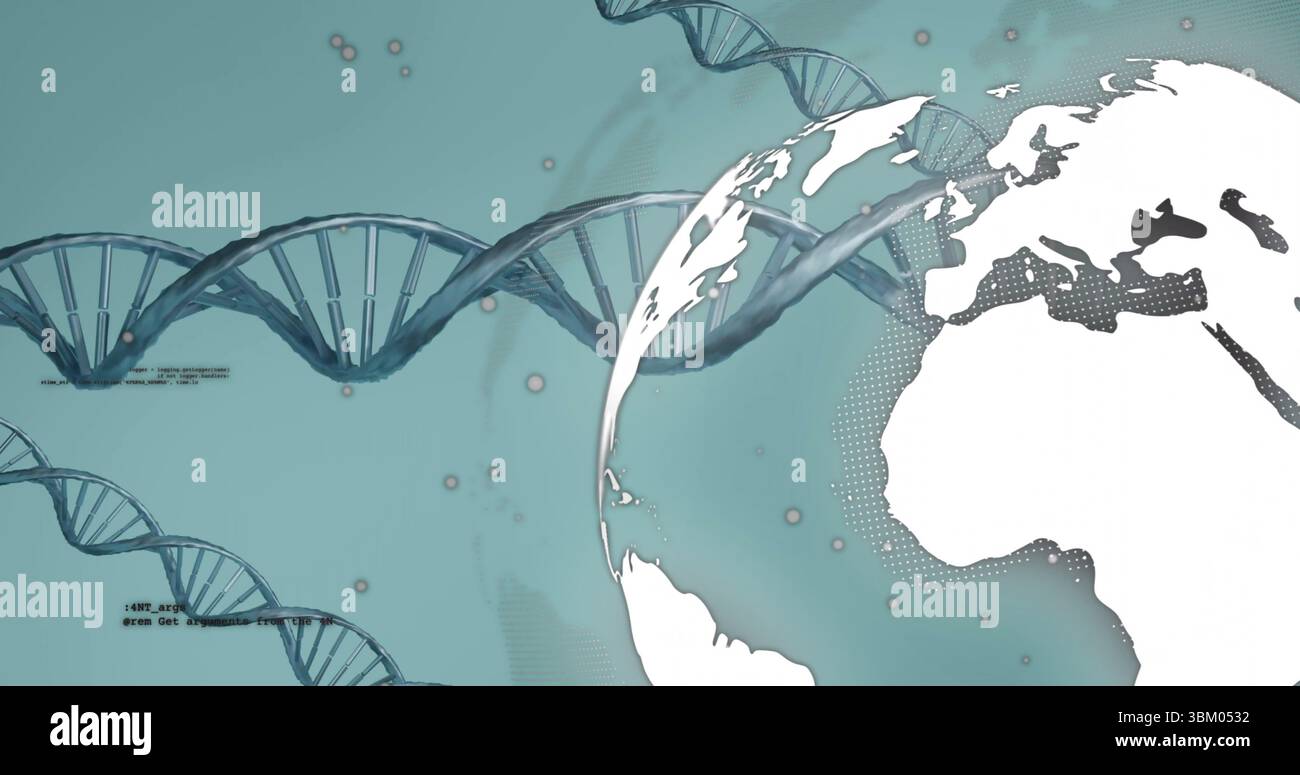 Displaying DNA double helix strands across teal, with globe silhouette, code snippets and ...
