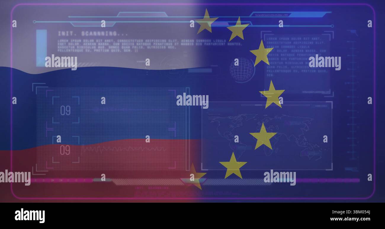 Displaying scanning interface over split Russia and EU flags, showing ...