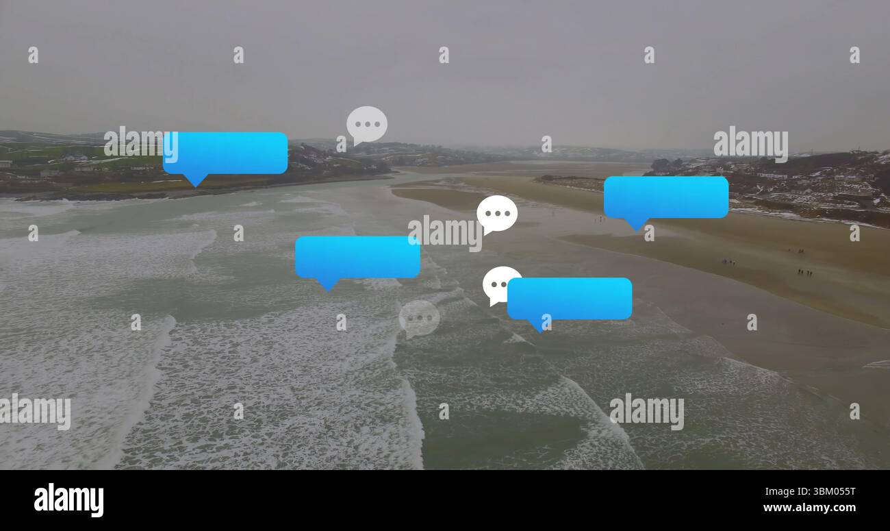 Floating blue and white chat bubbles hovering over coastal beach aerial ...