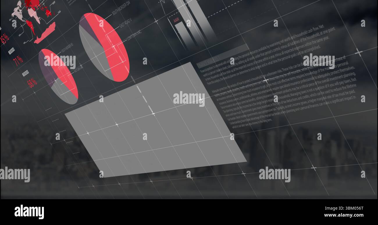 Displaying digital overlay hovering over cityscape, showing pie charts, bar graphs, world map ...