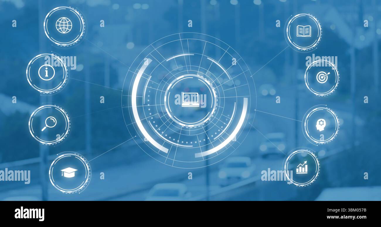 Floating HUD interface over blurred multi-lane highway, with laptop ...