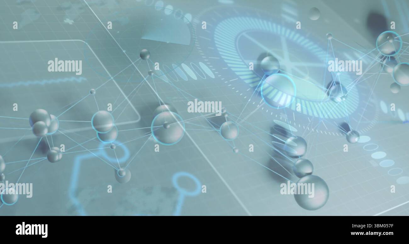 Floating spheres linking with glowing lines above grid, with ...