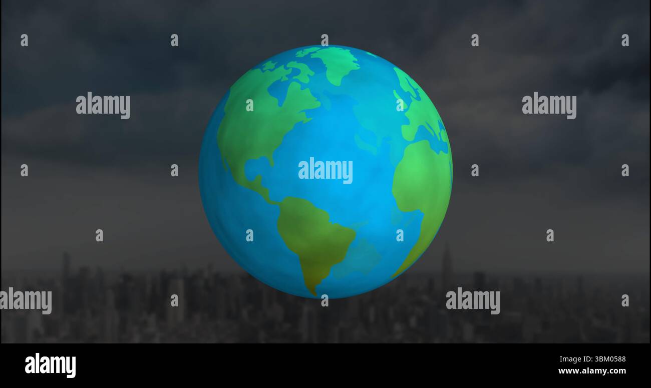 Floating stylized Earth globe above blurred city skyscraper silhouettes ...