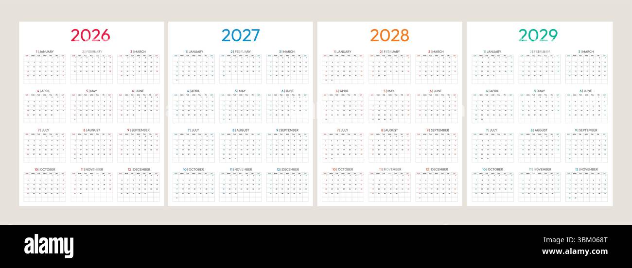 Calendar template clipart set. Collection of year 2026, 2027, 2028 and ...