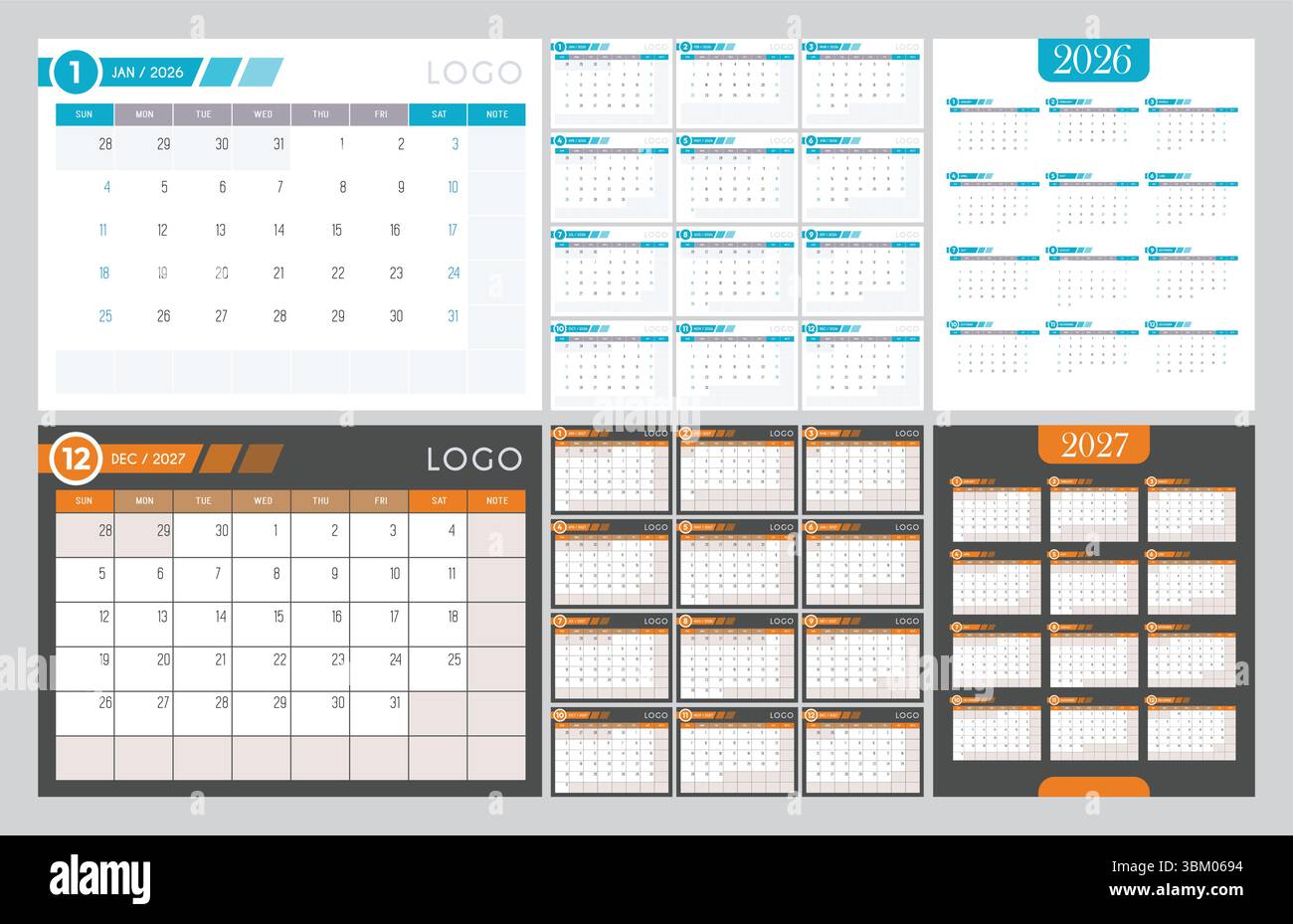 Calendar 2026 and 2027 year template clipart set. 2026 and 2027 12 ...