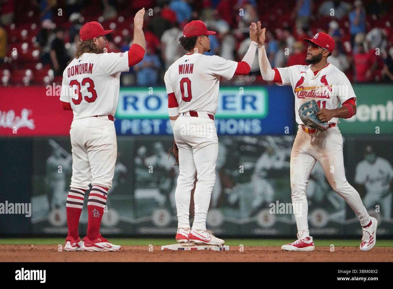St. Louis Cardinals' Brendan Donovan (33), Masyn Winn (0) and Victor ...