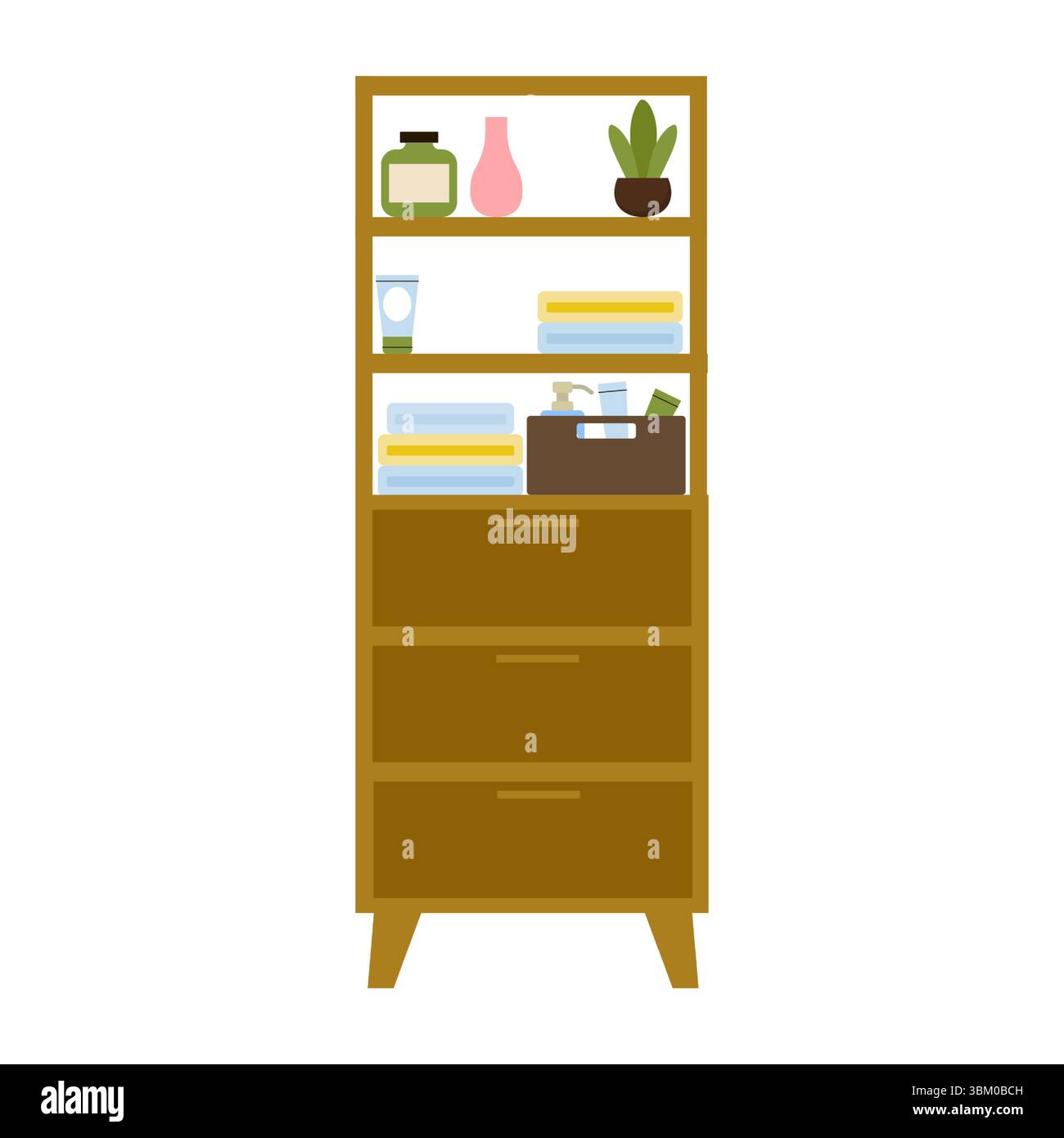 Modern wooden shelving unit filled with decorative items in a ...