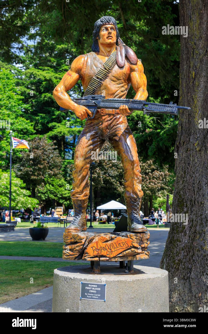 Hope, Canada - June 5, 2025: Wood carving statue of Rambo (Sylvester ...