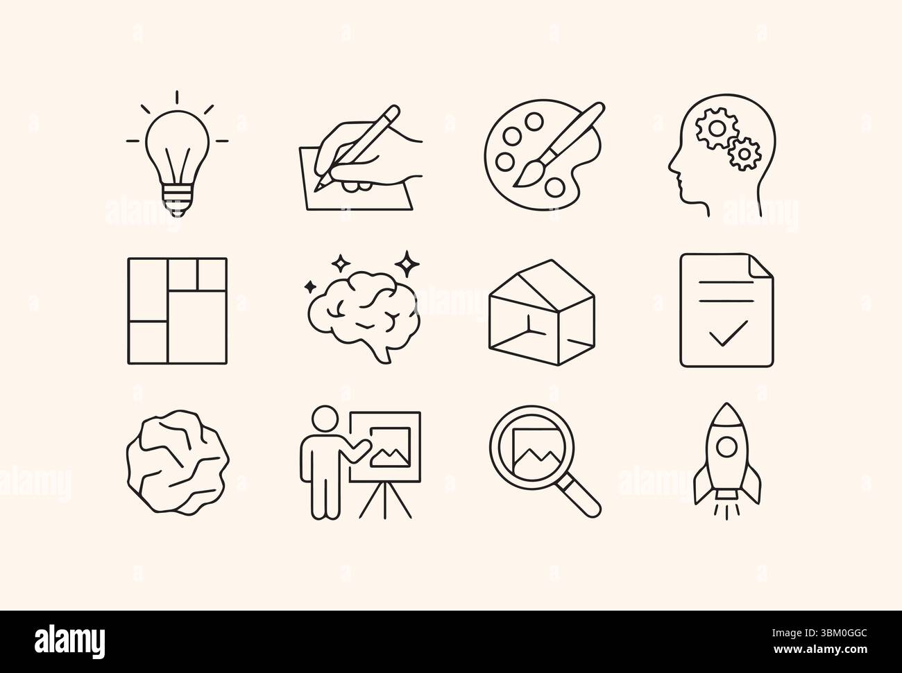 A set of line icons depicting the creative process, including idea ...