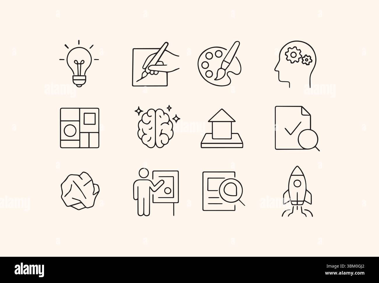A set of line icons depicting the creative process, including idea ...