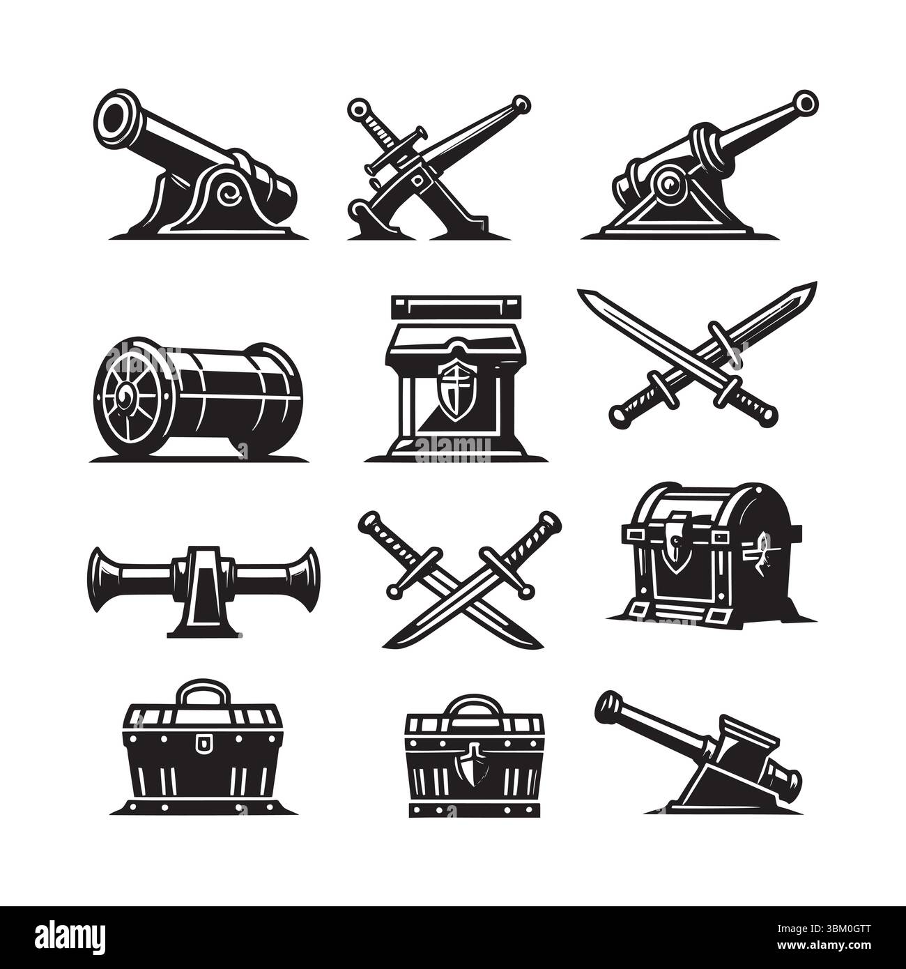 Collection of medieval weapons and treasure icons designed in black ...