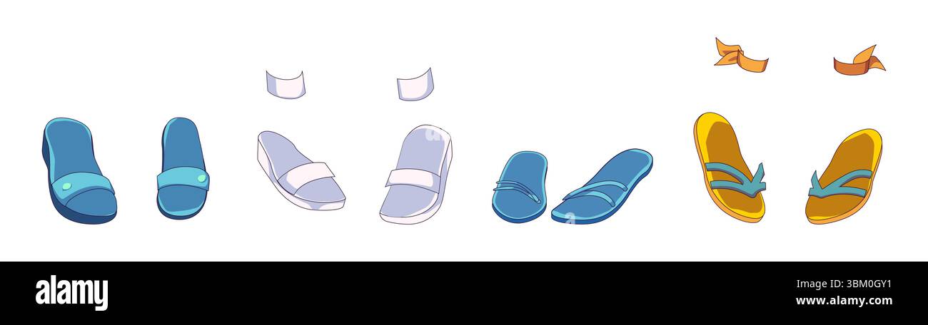Illustration of various sandals in playful colors on a white background ...