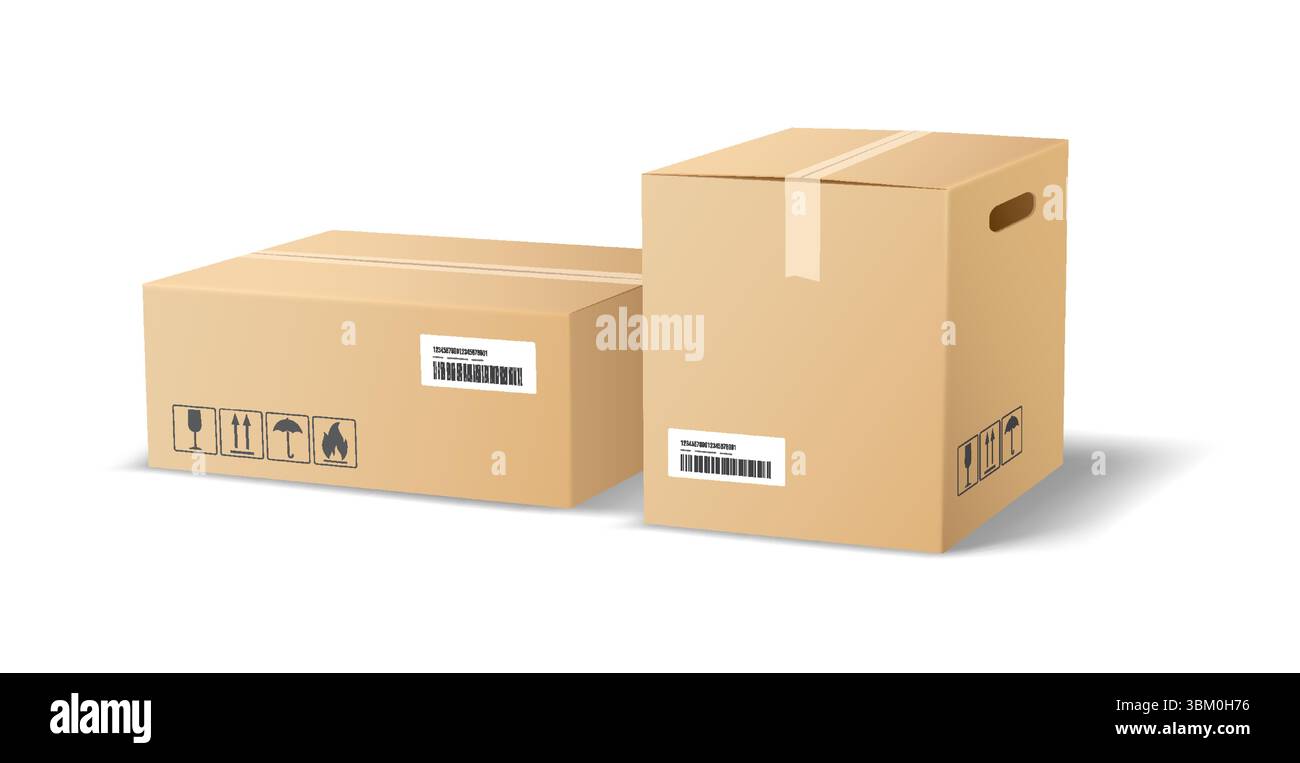 Illustration of two cardboard boxes with labels against white ...
