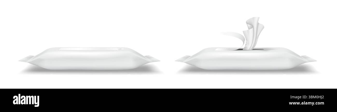 Two realistic packages of white wet wipes on a plain white background ...