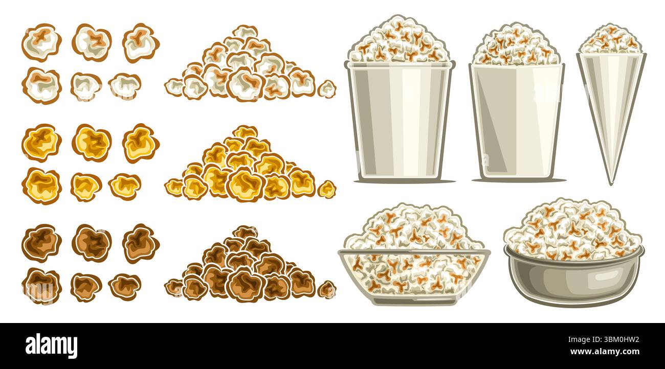Vector Different Popcorn Set, horizontal banner with group of cut out ...