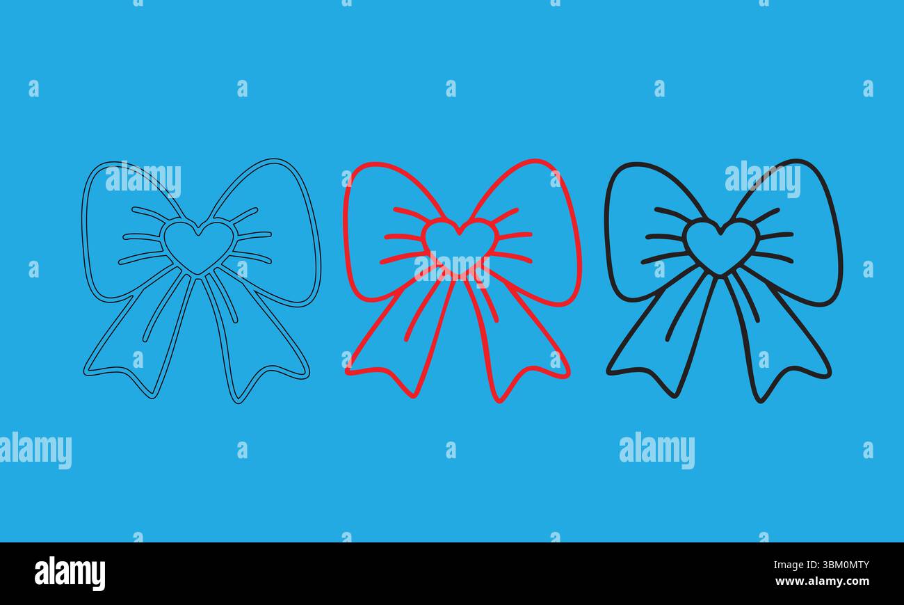 Three Stylized Butterfly Bows with Heart Centers on Blue Background ...