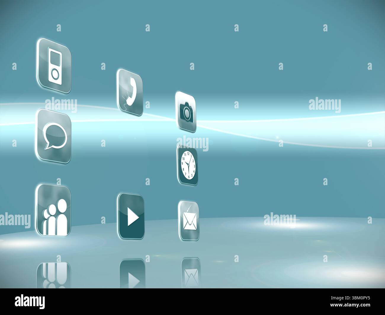 Translucent 3D icon panels are floating above reflective floor against ...