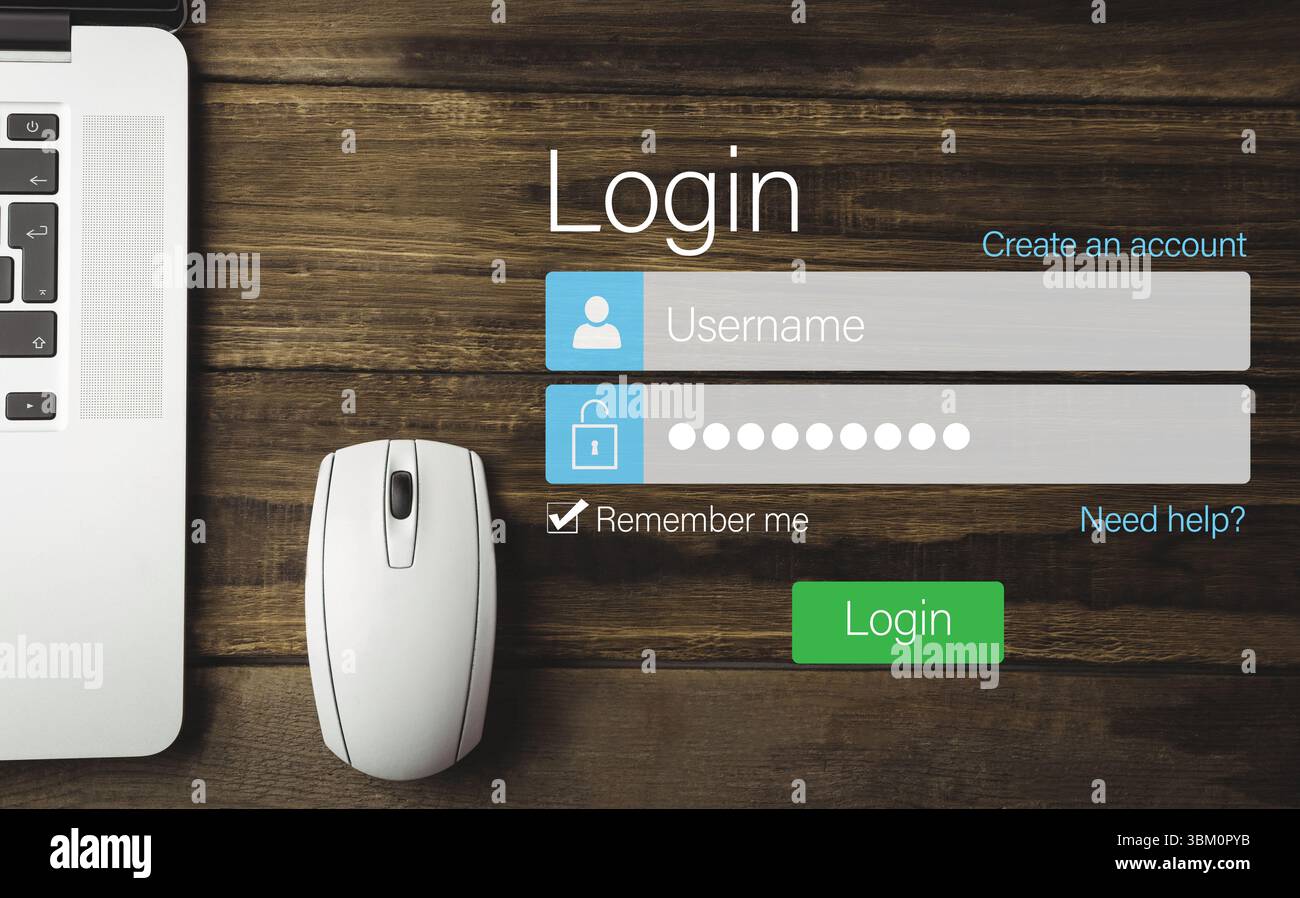 Log on screen with laptop and mouse Stock Photo - Alamy