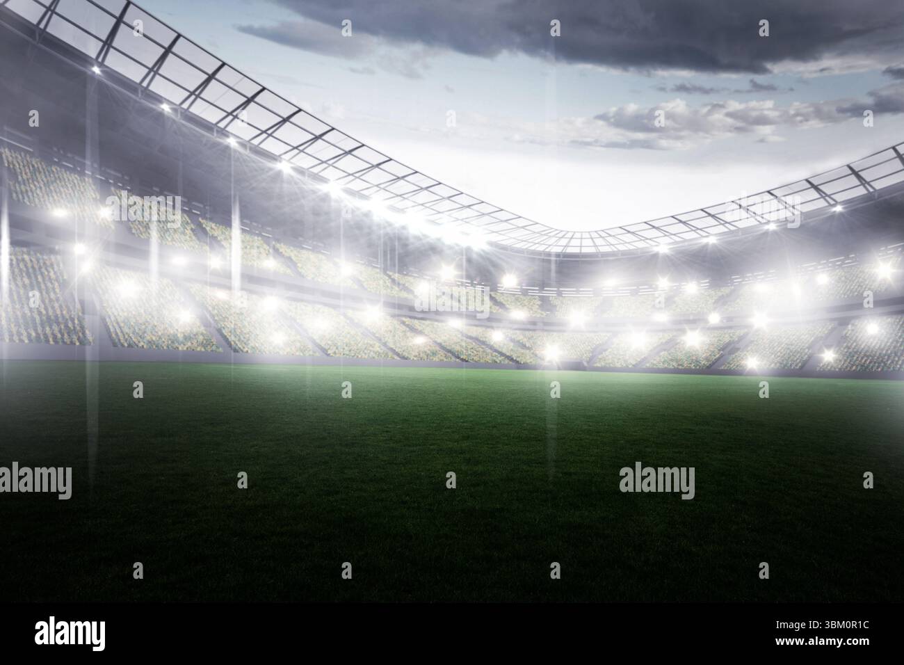 Green grass pitch is showing in flat design stadium scene, with ...