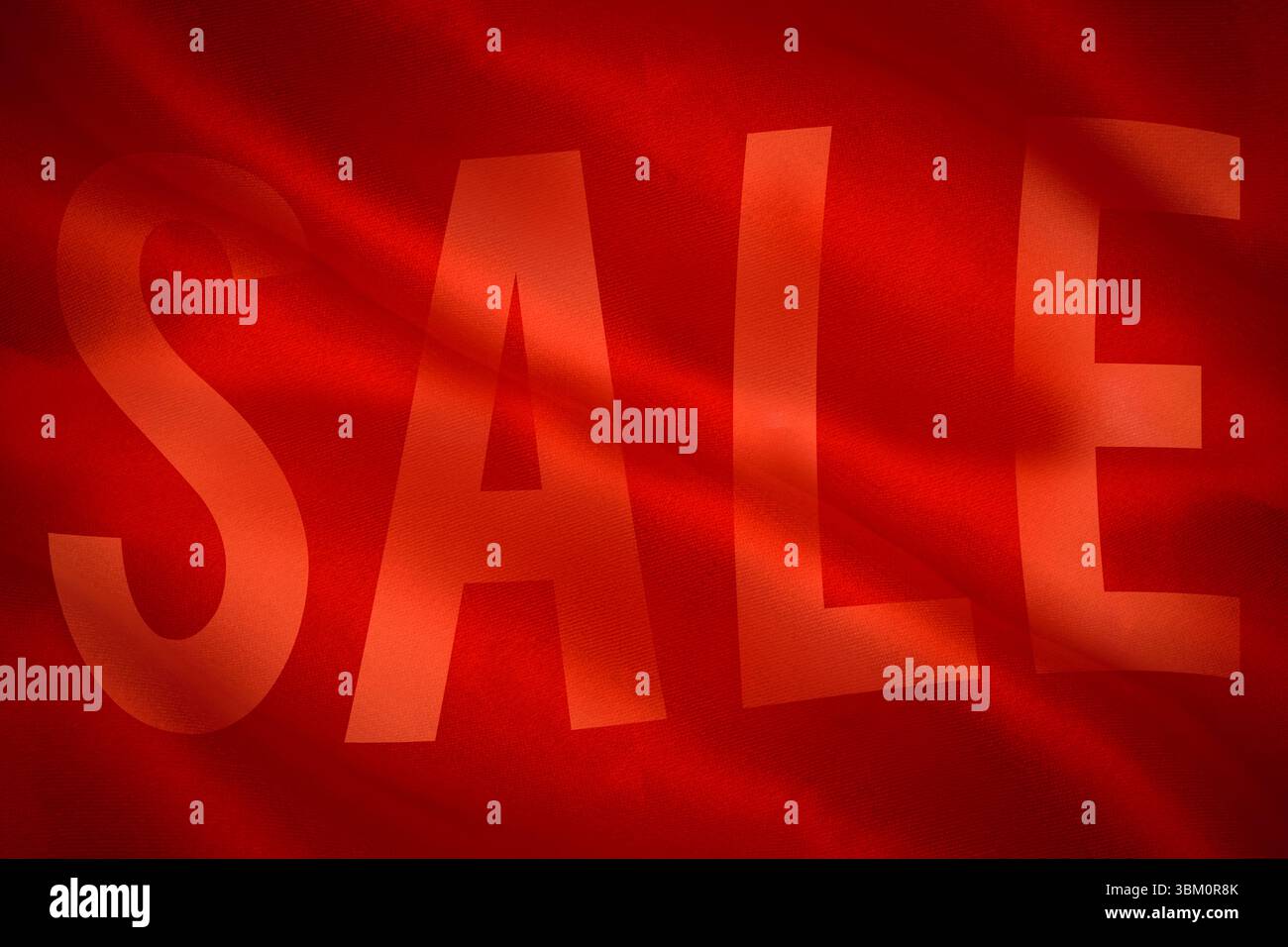Word SALE is floating over textured red fabric folds, showing ...