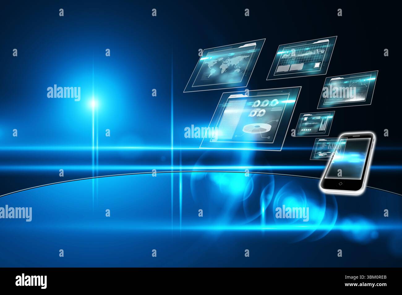 Floating 3D holographic interface cluster is hovering over platform with smartphone and data ...