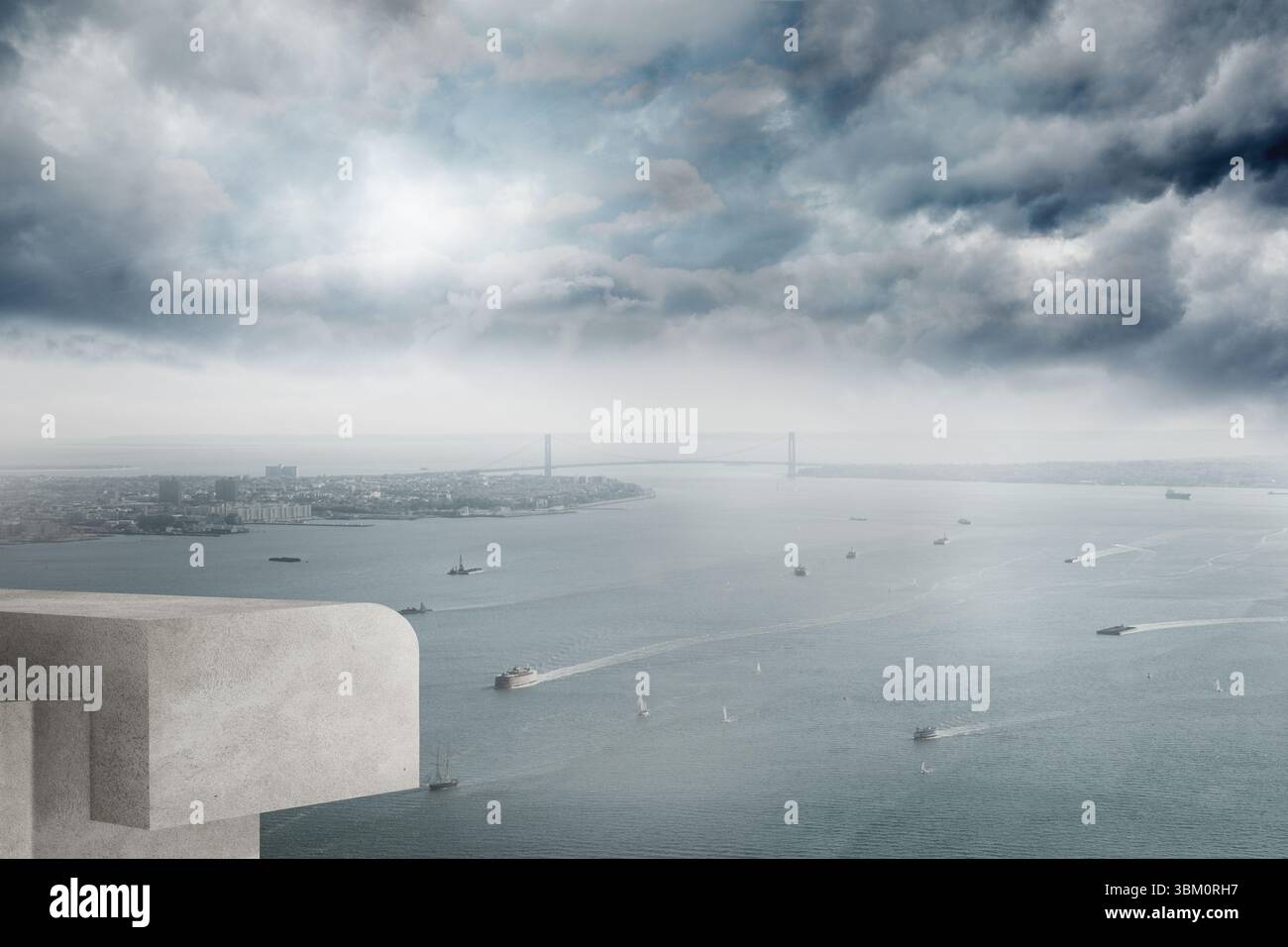 Concrete viewing platform is being shown in flat design, with ships ...