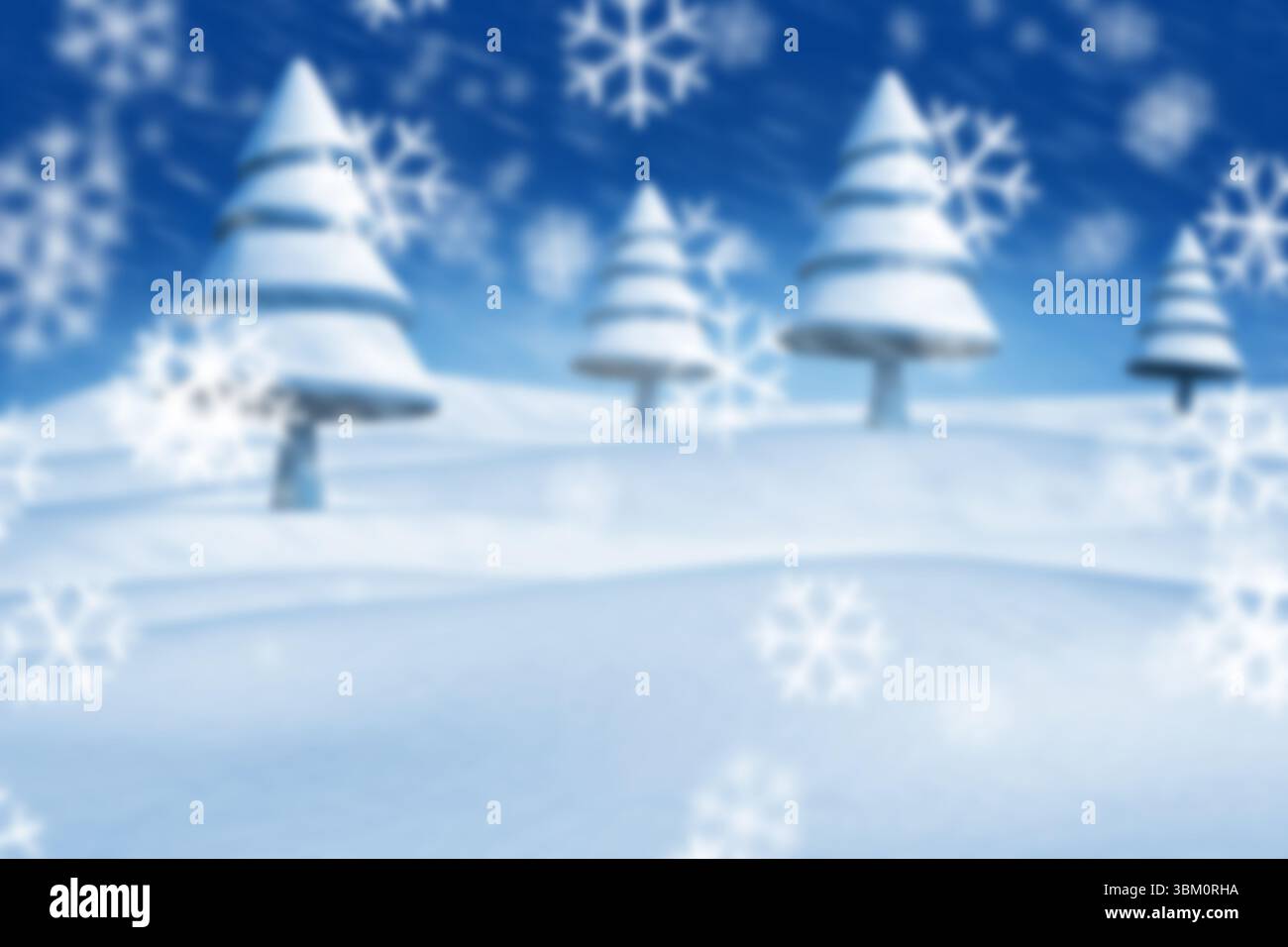 Stylized flat winter scene is featuring cone-shaped trees on snow hills ...