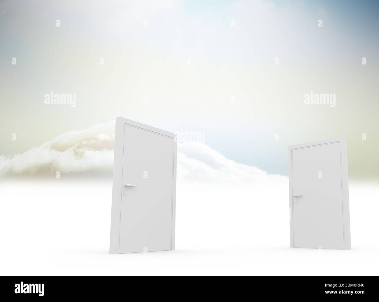 Surreal flat design showing two white doors standing on glossy floor ...