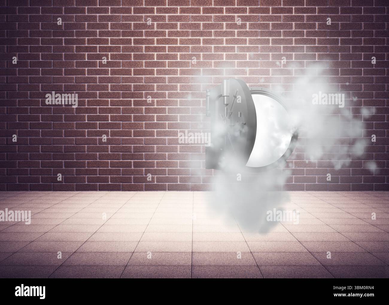 Open safe in dust cloud in grey room Stock Photo - Alamy