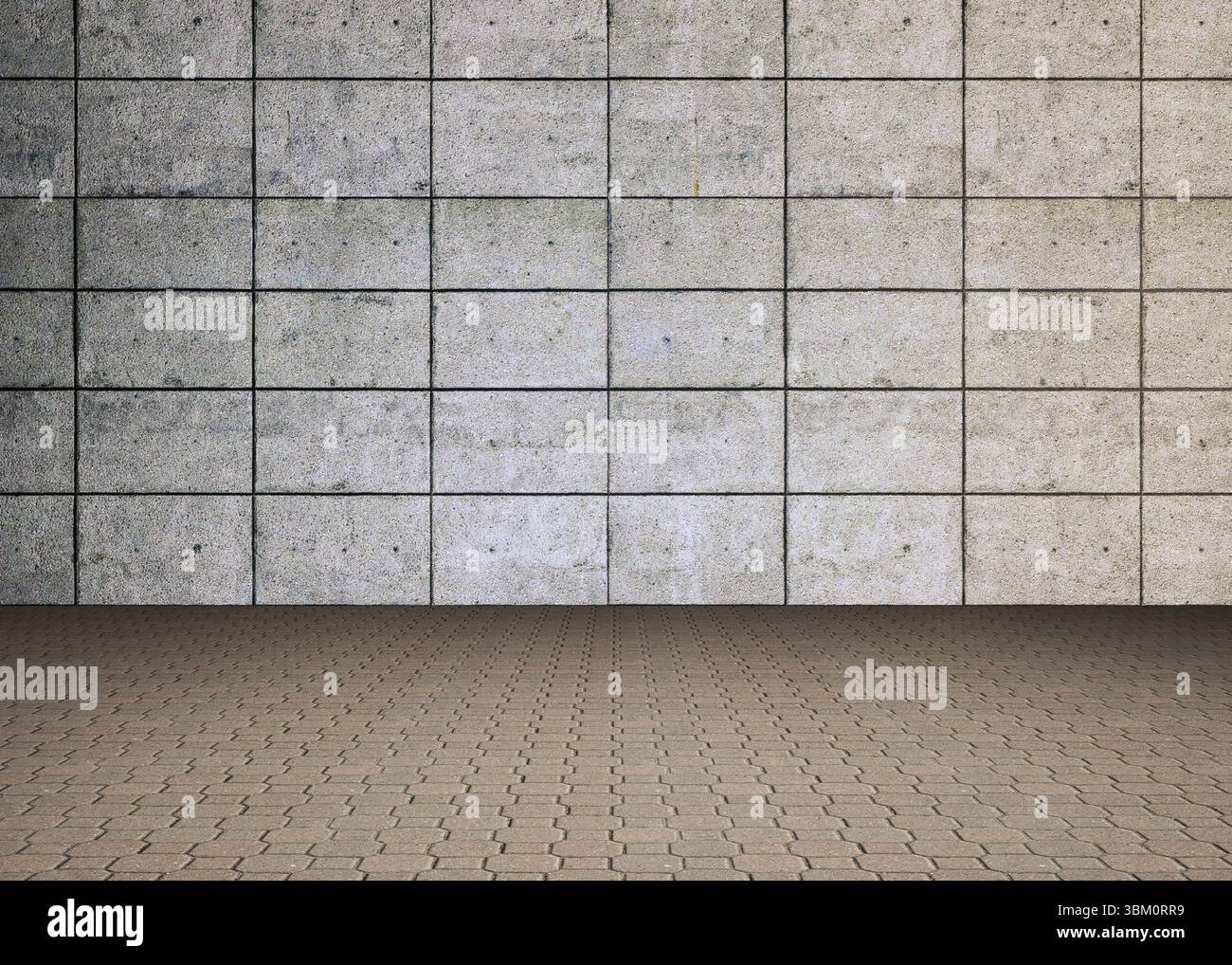 Flat design showing grid-pattern concrete wall rising above brick ...