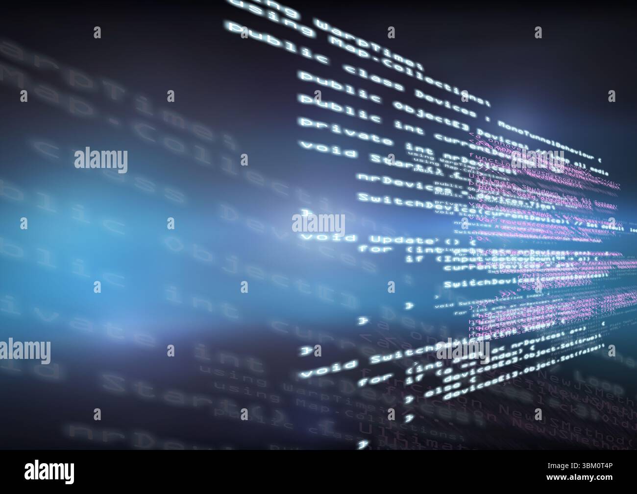 Floating programming code cluster is receding into tunnel-like dark-blue gradient in flat design ...