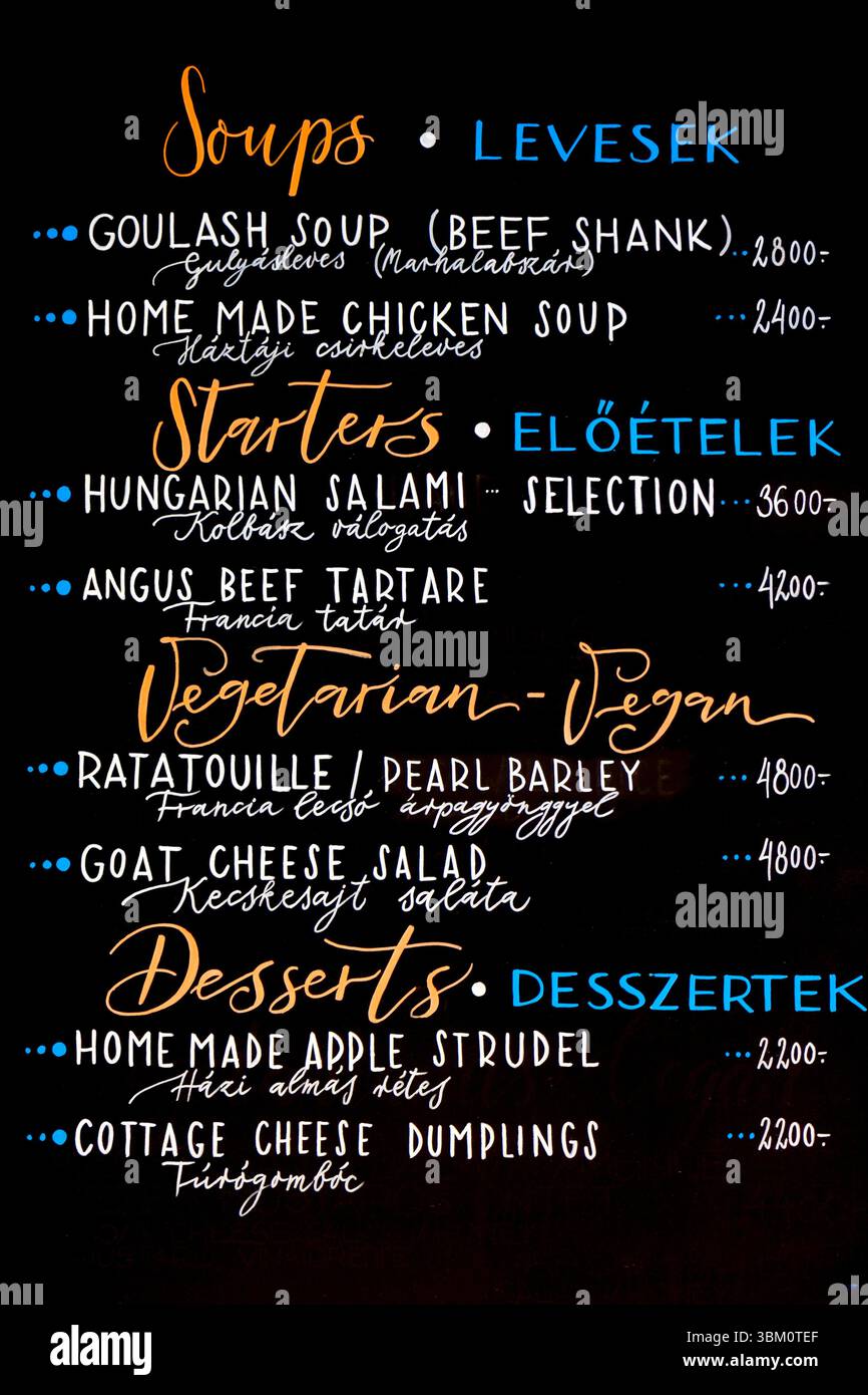 Budapest, Hungary. Local cafe menu in Hungarian and English Stock Photo ...