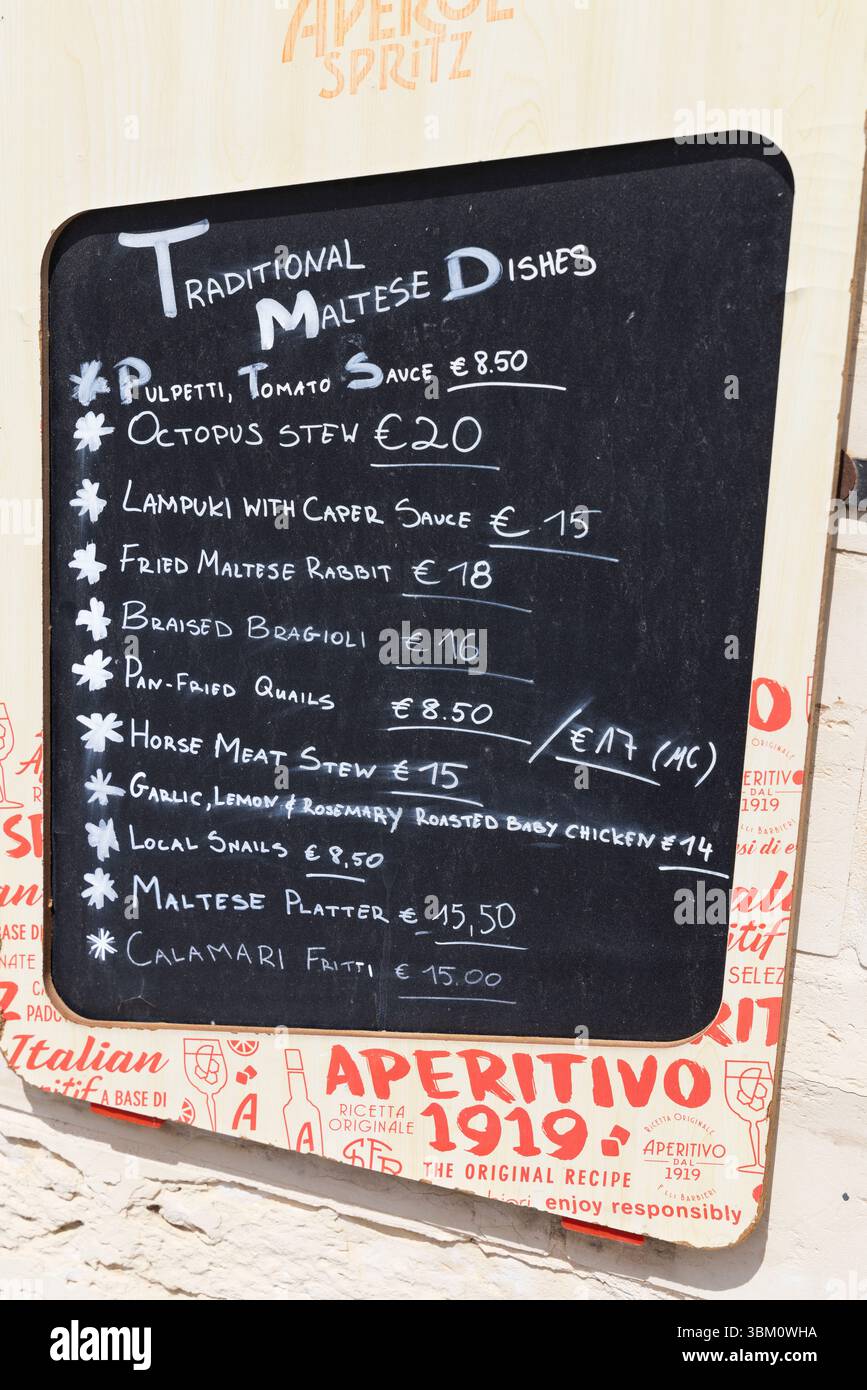 Malta. Menu with traditional Maltese foods. (Editorial Use Only Stock ...