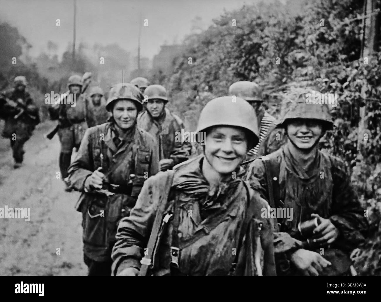 WW2 Screen B&W Still German Para Troops and Waffen SS March towards the ...