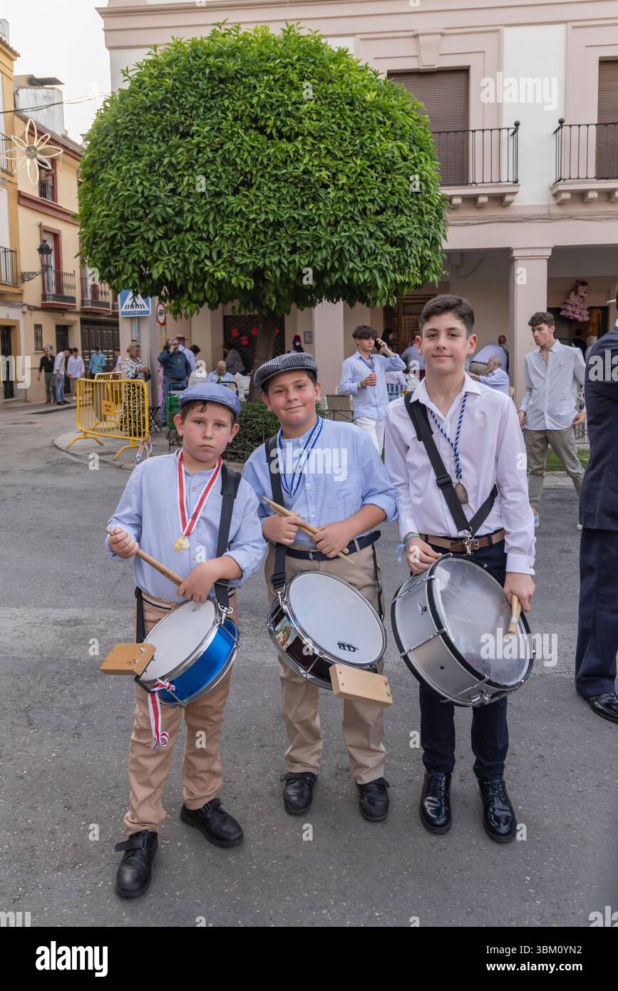 Andujar, Jaen Province, Andalusia, Spain. Boys with drums at a ...