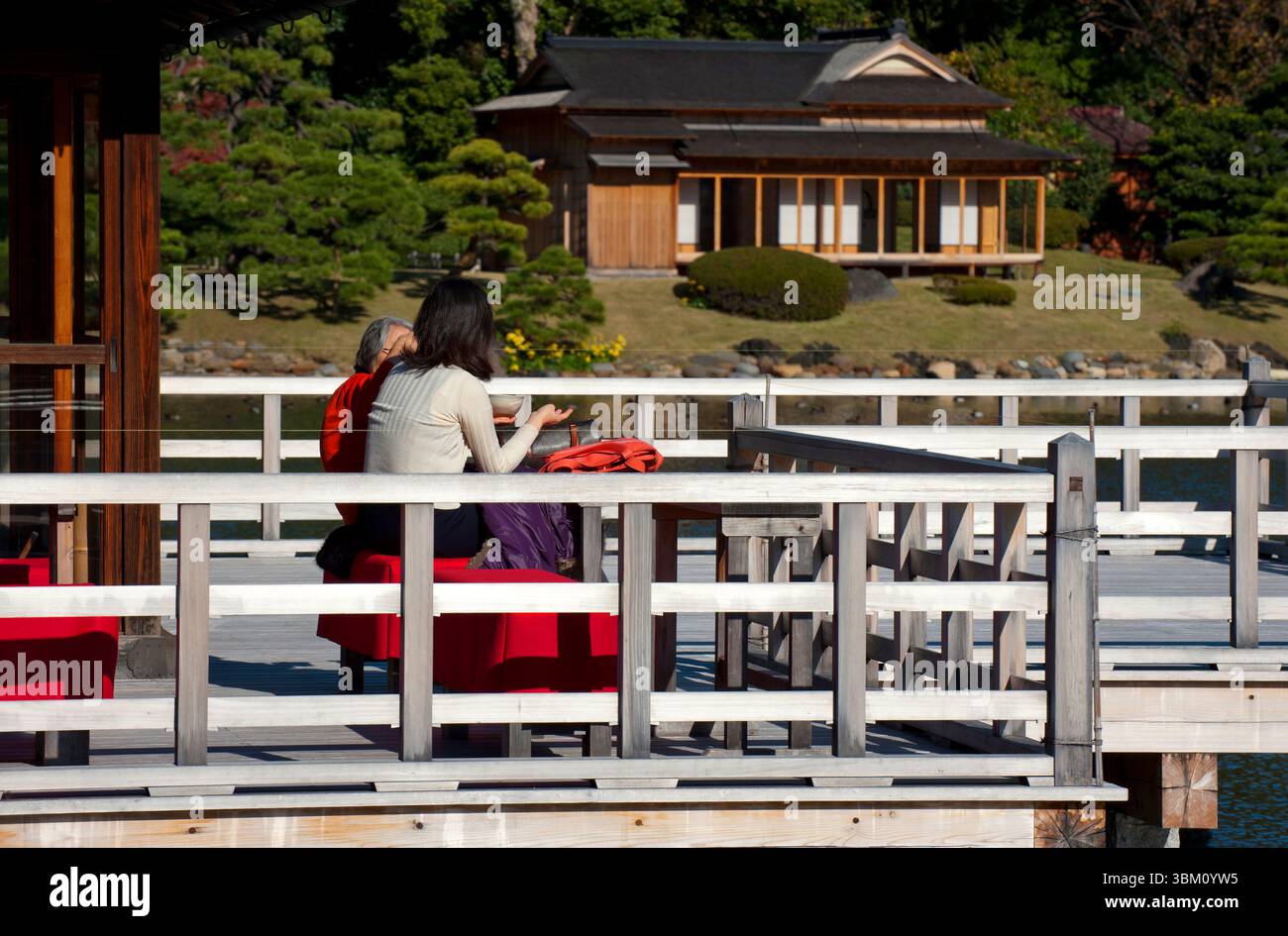 Visitors on the outdoor deck of the Nakajima Chaya (中島の御茶屋), Nakajima ...
