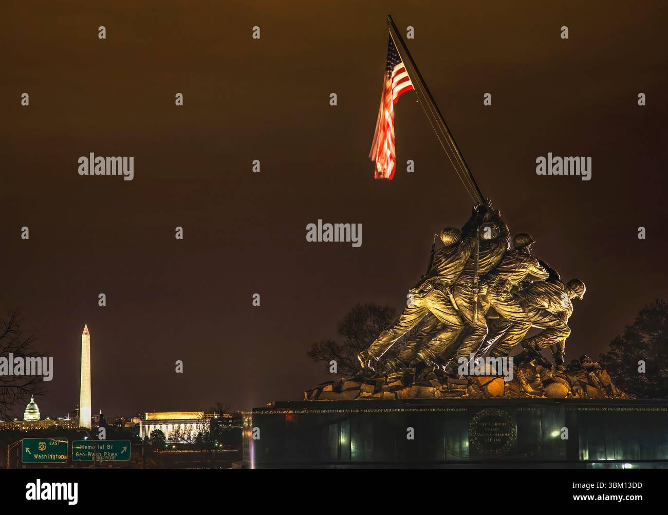 The Marine Corps War Memorial shows the Raising of the Flag on Iwo Jima ...
