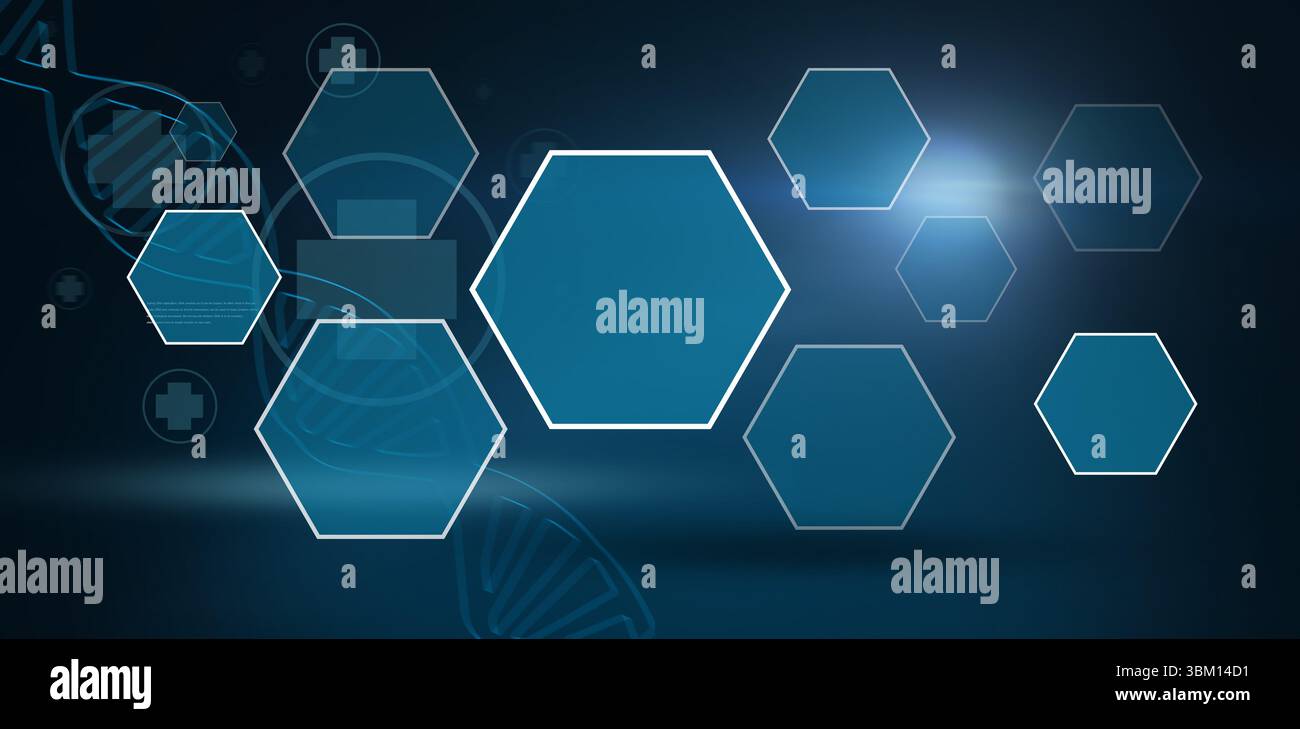 Large central blue hexagon is floating in dark flat design, showing DNA ...