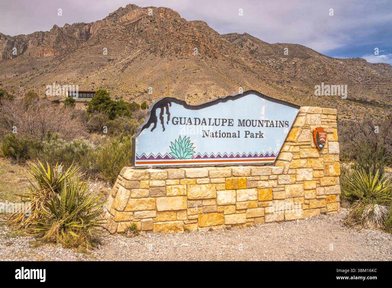 USA, Texas, Guadalupe Mountains National Park. Park entrance sign ...